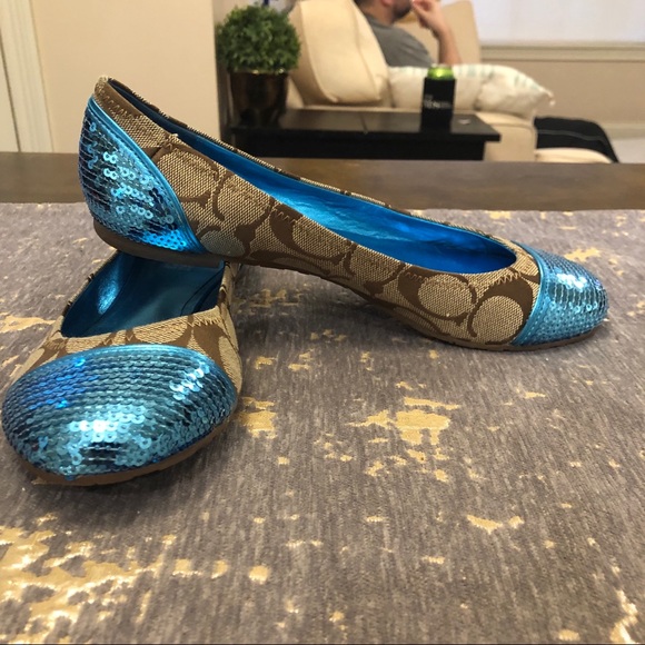 Coach | Shoes | Coach Shine Tan Blue Sequined Flats | Poshmark
